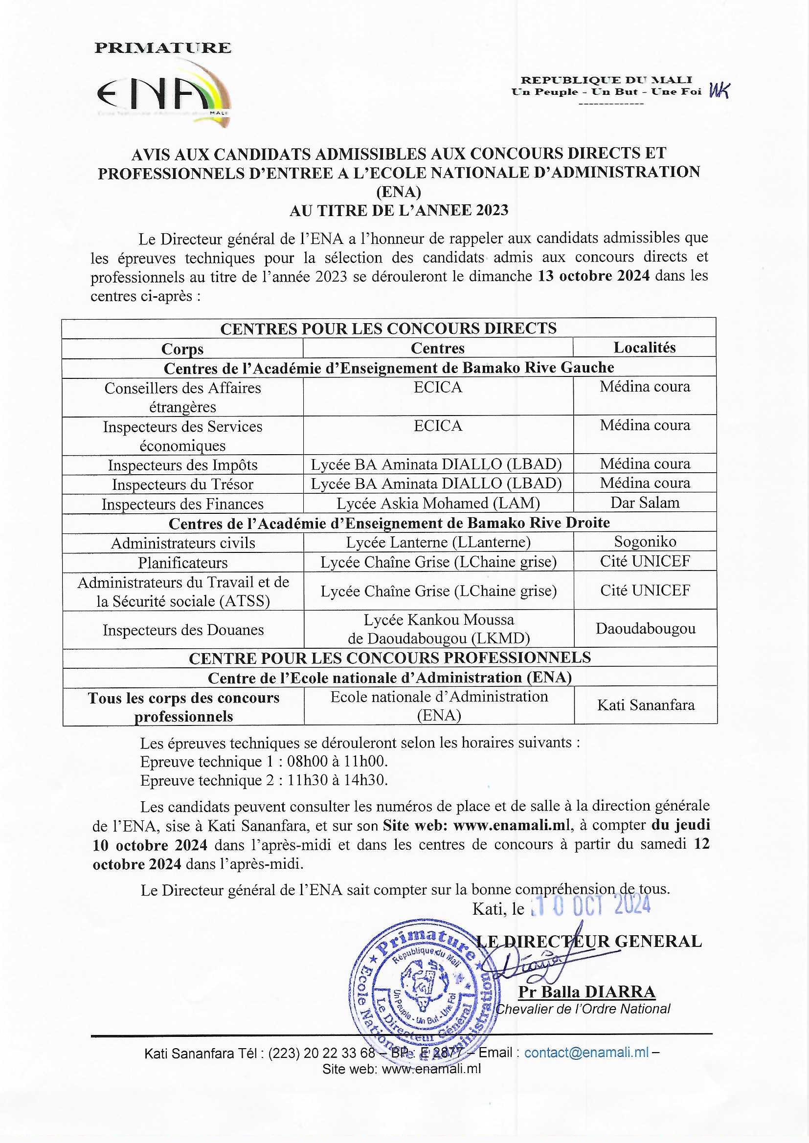 Concours d'entrée - ENA MALI